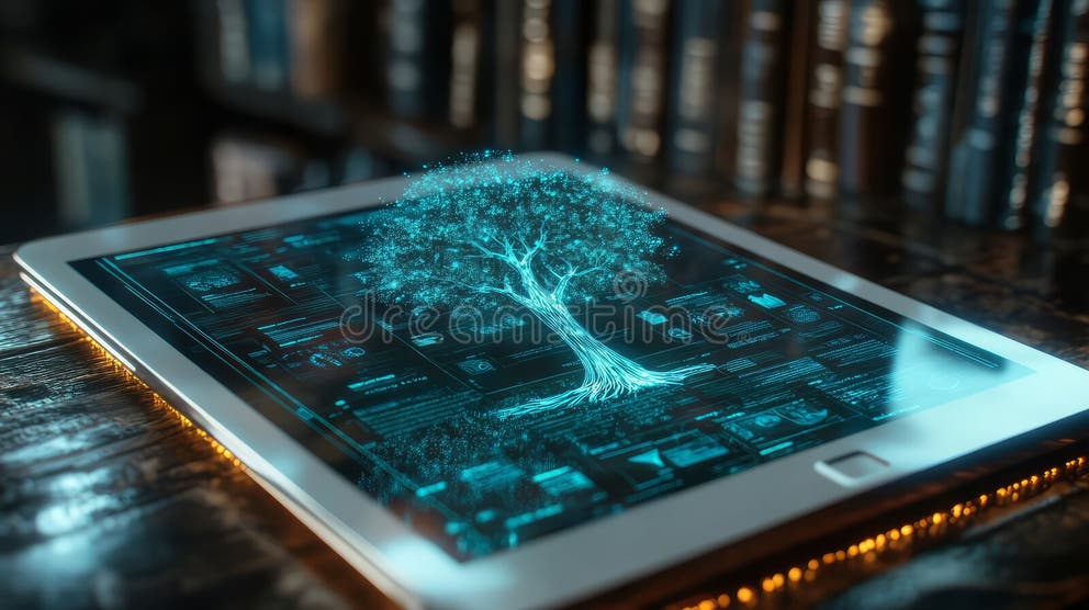 A Futuristic Tablet Displaying a Holographic Tree in a Library Setting ...