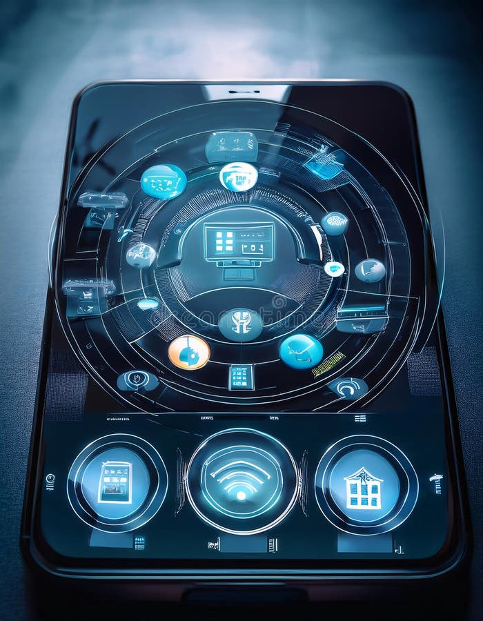 A Futuristic Tablet Displays a Circular Interface with Various Icons ...