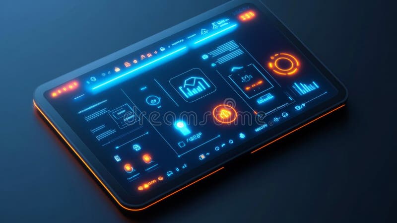 Futuristic Tablet Interface with Neon Blue and Orange Data ...