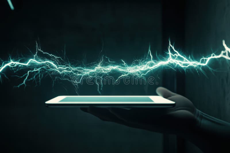 Futuristic Tablet with Lightning Effects Showcasing Energy and ...