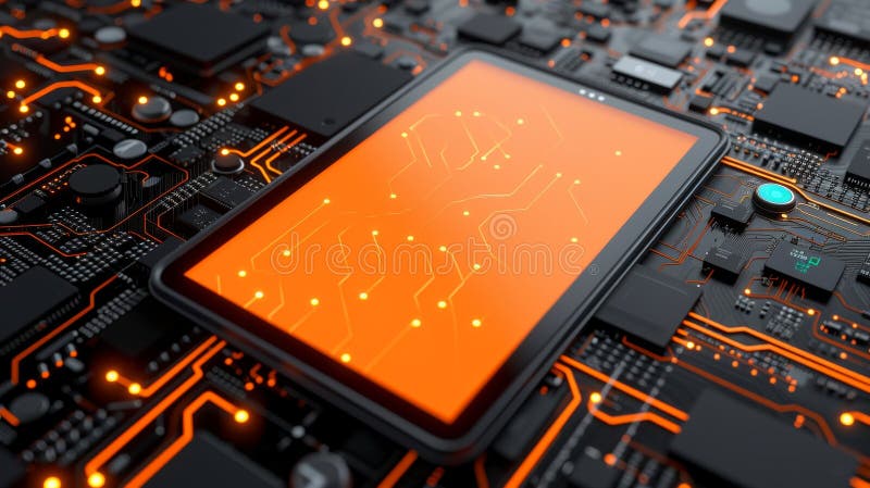 Futuristic Tablet with Orange Circuitry Embedded in a Black Circuit ...