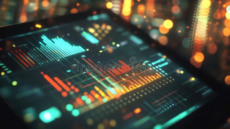 Futuristic Tablet Showing Complex Data Analysis with Blurred City ...