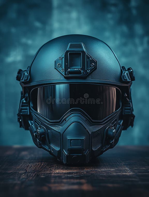 Futuristic Tactical Helmet on Wooden Table, Dramatic Lighting. Stock ...
