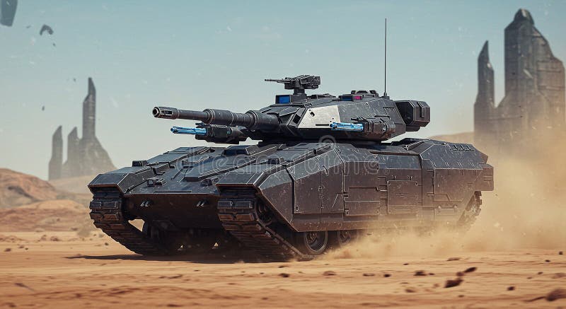 Futuristic Tank on a Desert Terrain, Featuring Angular Armor and ...