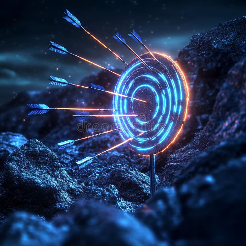 Futuristic Target with Arrows and Glowing Neon Elements in Nature Stock ...