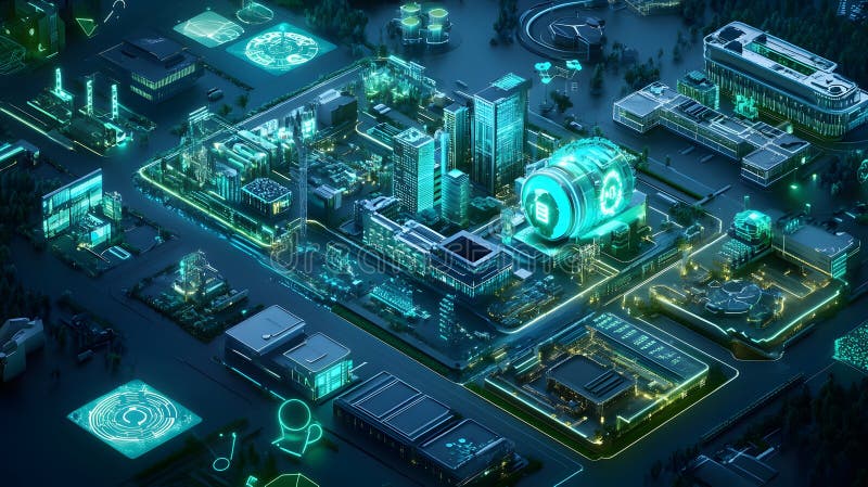Futuristic Teal and Amber Lit Industrial Complex at Night Digital ...