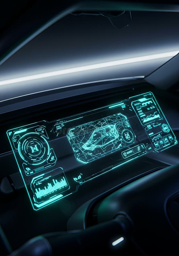 Futuristic Teal Car Dashboard Display at Night Stock Illustration ...