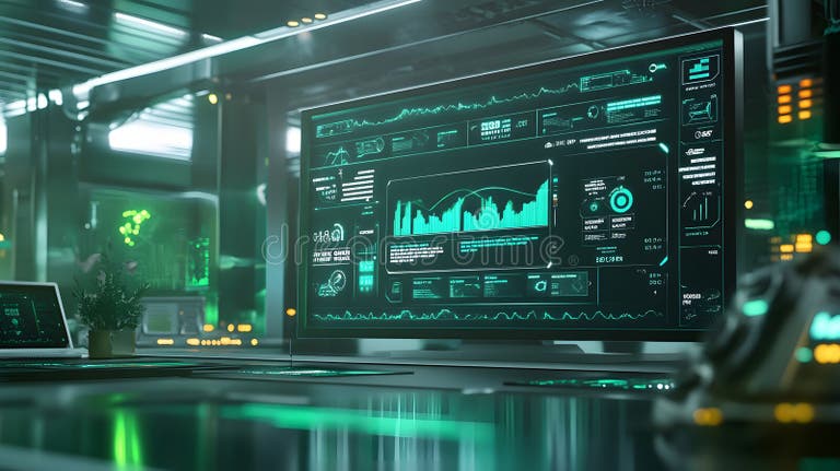 Futuristic Teal Data Visualization on Large Screens in Modern Office ...