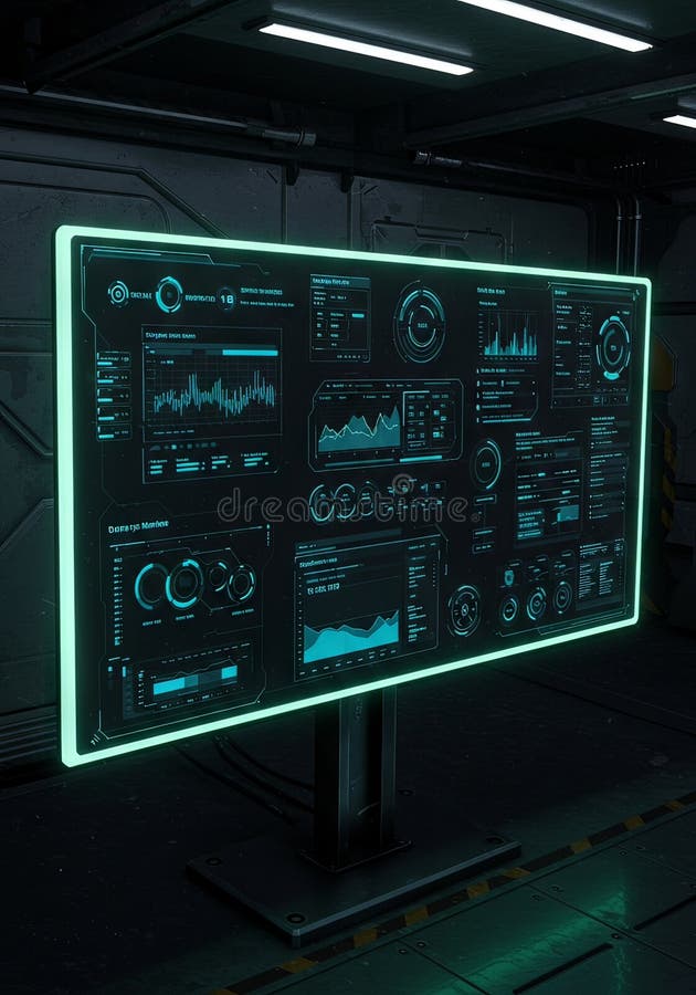 Futuristic Teal Digital Display in Dark Industrial Setting Stock ...