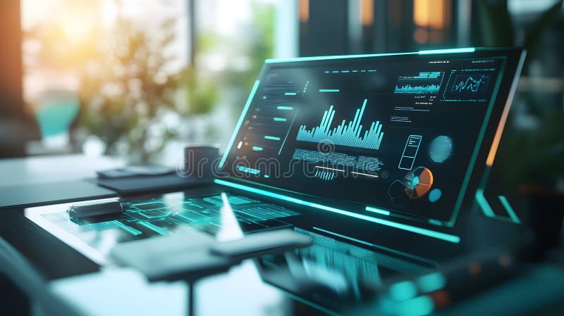 Futuristic Teal Digital Interface on Transparent Laptop Screen in ...