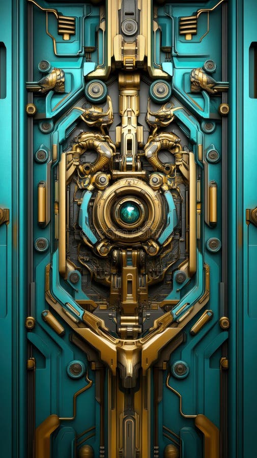 Futuristic Teal and Gold Mechanical Design with Intricate Details and a ...