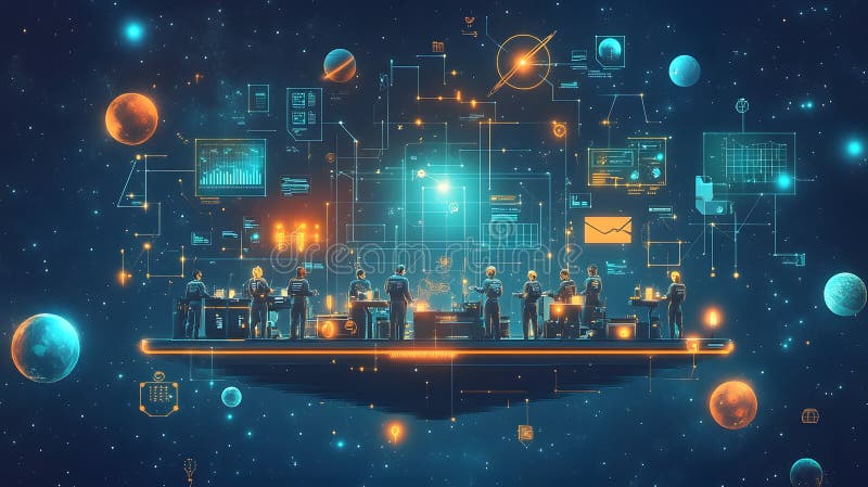 Futuristic Team Working on Space Technology Platform in Cosmic Sky ...