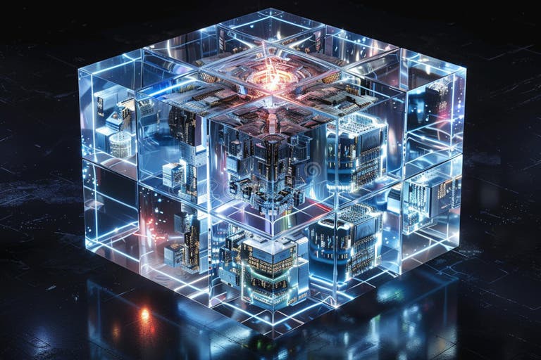 Futuristic Tech Abstract Clear Cube with Electronic Components, Grid ...