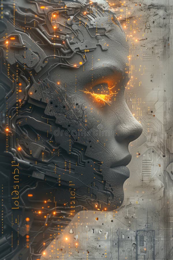 Futuristic Tech AI Face with Glowing Orange Eyes in Digital Circuit ...