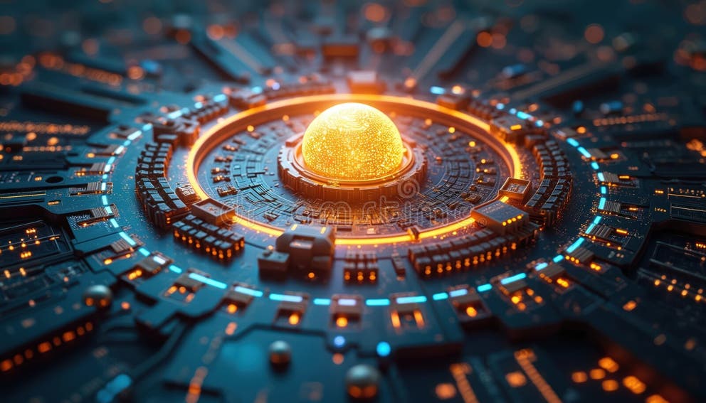 Futuristic Tech Art Quantum Computing Concept. Glowing Orb in a Center, Surrounded Tech Circuit ...