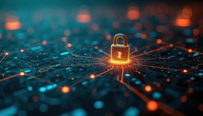Futuristic Tech Background. Digital Lock Graphic Glows on Circuit Board ...