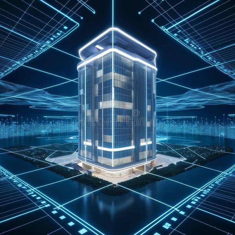 Futuristic Tech Building with Glowing Digital Grid Stock Illustration ...