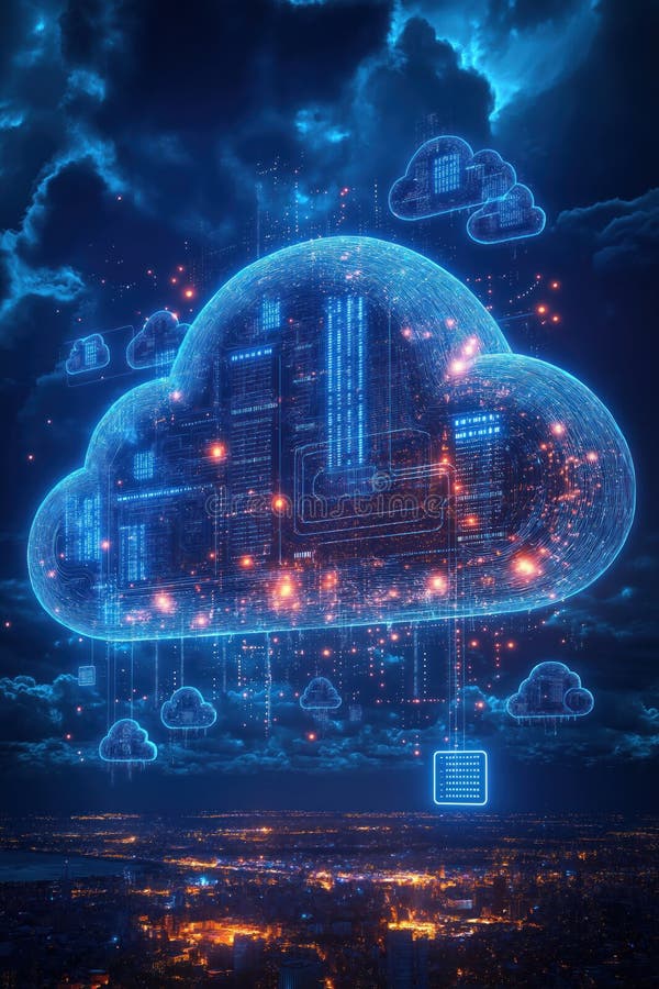 Futuristic Tech Cloud Computing Concept. Glowing Data Connections Visible Over City at Night ...