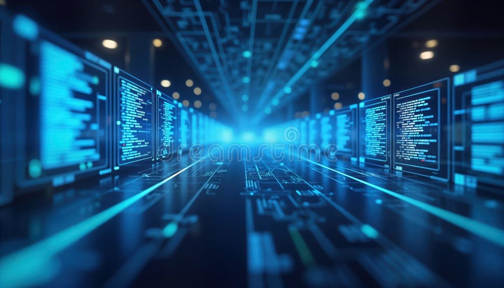 Futuristic Tech Concept. Displays Show Code. Abstract Engineering ...