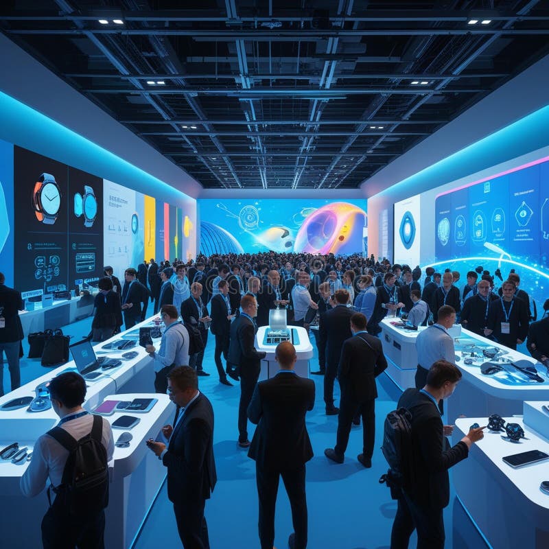 AI-Generated Futuristic Tech Conference with Cutting-Edge Displays and ...