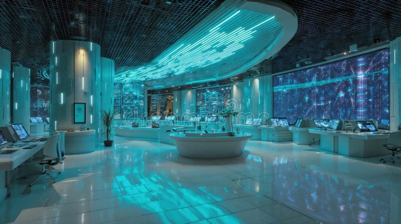 Futuristic Tech Control Center with Cyan Lighting, Digital Displays ...