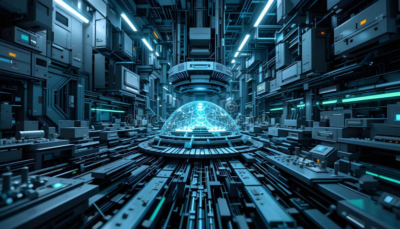 Futuristic Tech Corridor with Central Dome Display Stock Image - Image ...