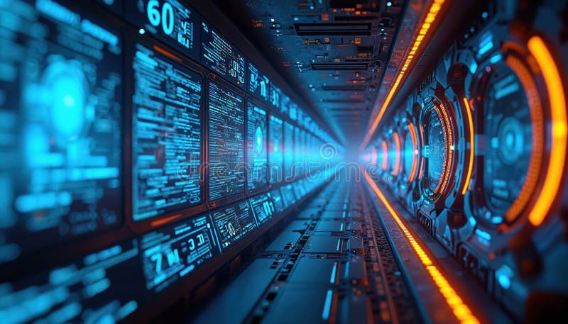 Futuristic Tech Corridor with Screens, Blue Digital Data, Orange Lights ...