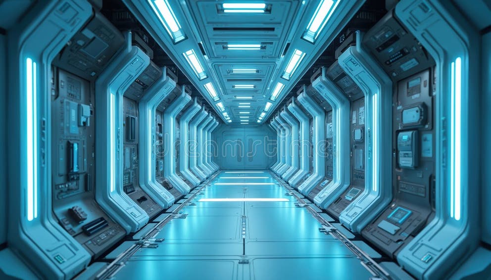 Futuristic Tech Corridor in Spaceship Advanced Lab. Blue Light ...