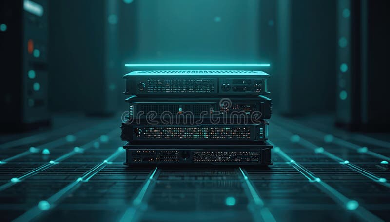 Futuristic Tech CPU Stack with Glowing Lights in Data Center. Digital Hardware Processors ...