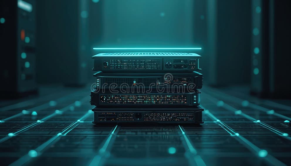 Futuristic Tech CPU Stack with Glowing Lights in Data Center. Digital ...
