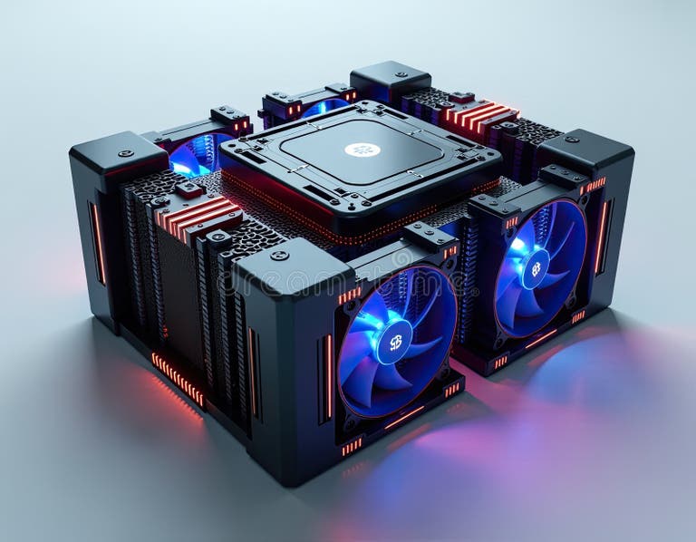 Futuristic Tech Cube Powerful CPU with RGB Cooling Fans Stock ...