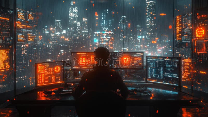 Futuristic Tech Desk with Neon Data Stock Illustration - Illustration ...