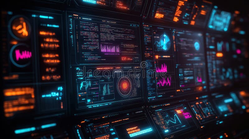 Futuristic Tech Displays Show Complex Data. Many Screens Show Graphs ...