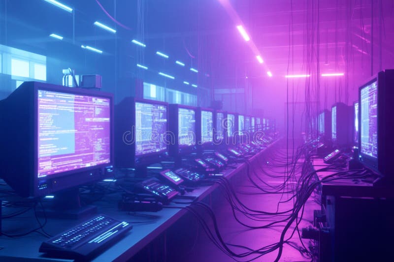 A Futuristic Tech Environment Filled with Many Computers Glowing in ...