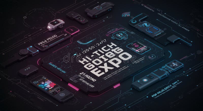 Futuristic Tech Expo Poster Featuring High-tech Gadgets and Devices ...