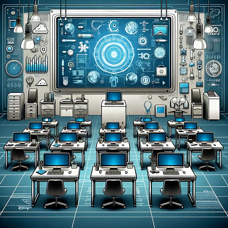 Futuristic Tech-Focused Classroom with Smartboard and Digital Devices ...