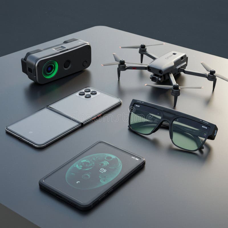 Futuristic Tech Gadgets Displayed on a Table Include a Foldable ...