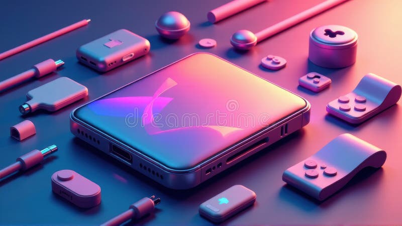 Futuristic Tech Gadgets with Holographic Display Stock Illustration ...