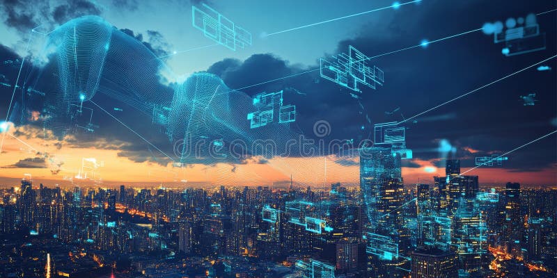 A Futuristic Tech Hub with Glowing Data Streams, Holographic Interfaces ...