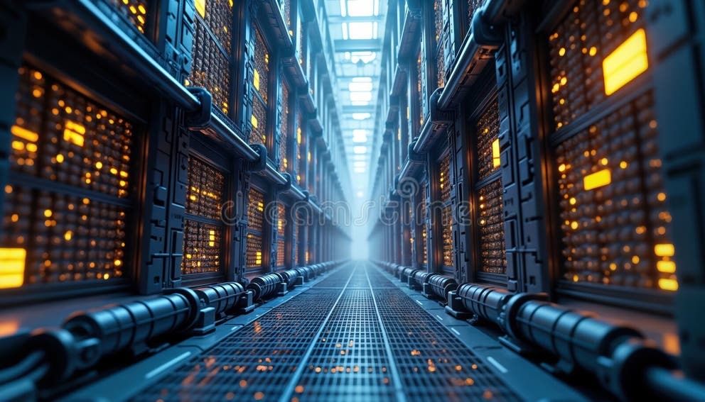 Futuristic Tech Hub with Glowing Data Units. Interconnected Server ...