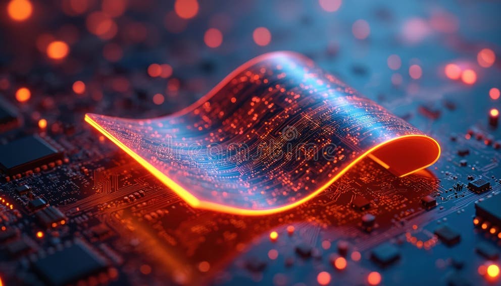 Futuristic Tech Illustration Featuring Glowing Circuits on Flexible Surface. Shows Modern ...