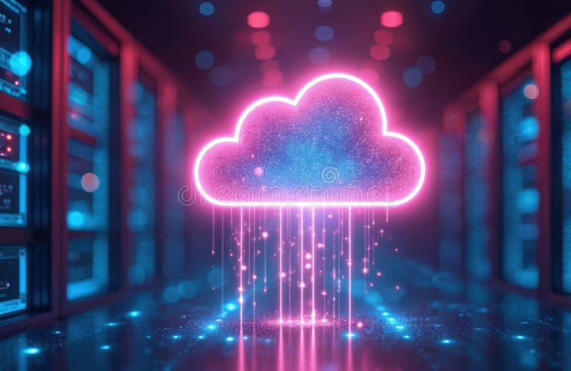 Futuristic Tech Image with Neon Cloud in Data Center. Cloud Computing ...
