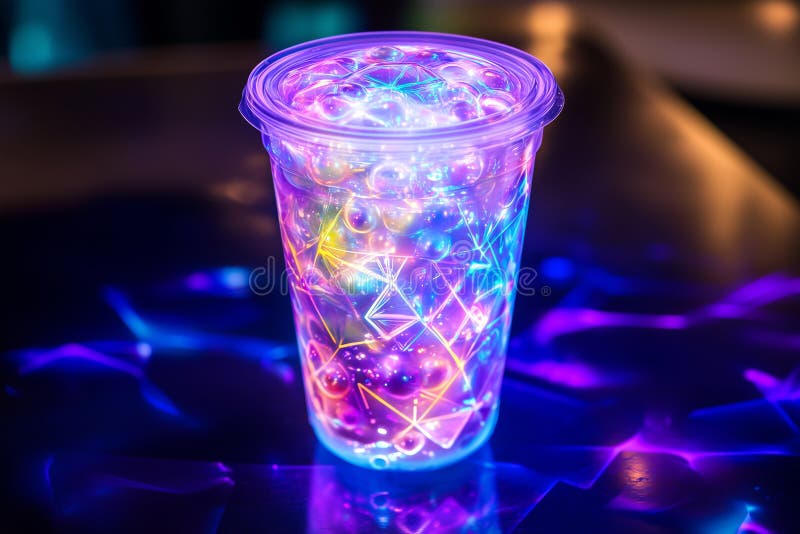 Futuristic Tech-inspired Bubble Tea Cup Glows with Vibrant Colors in a ...