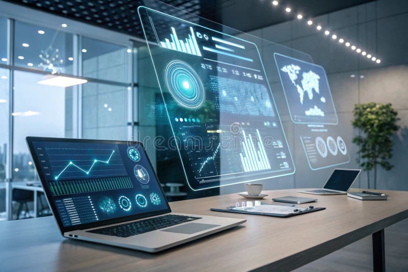 A Futuristic, Tech-inspired Wallpaper Showing a Digital Workspace Stock ...