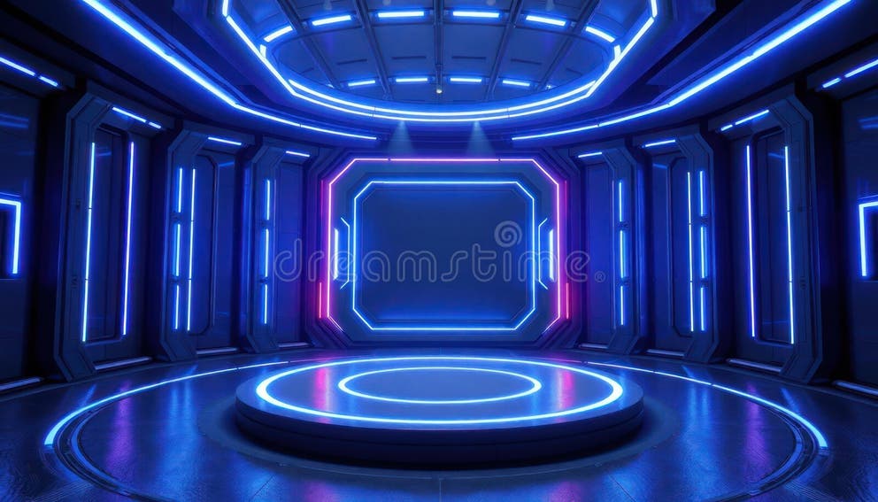 Futuristic Tech Interior Space. Circular Stage Platform with Neon ...