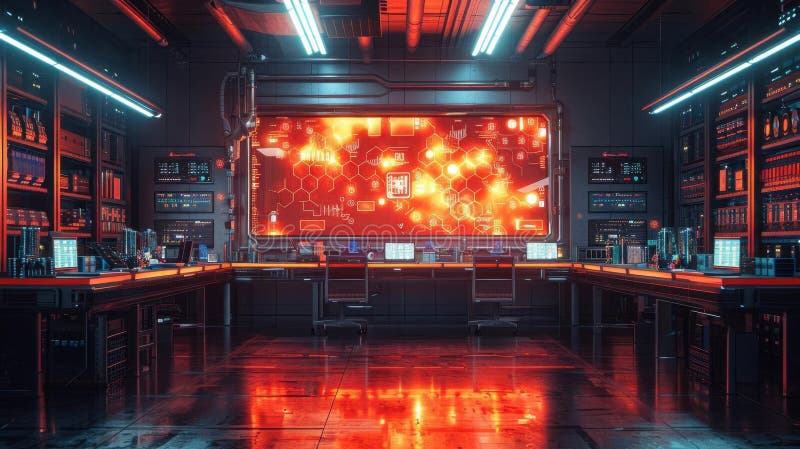 Futuristic Tech Lab with Red Lighting and Hexagon Pattern Stock ...