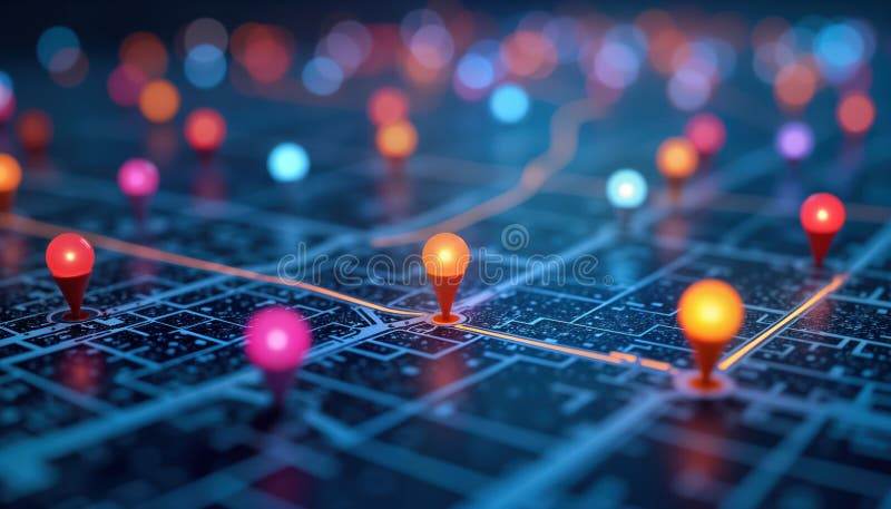 Futuristic Tech Map Displays Location Pins Showing Navigation Route ...