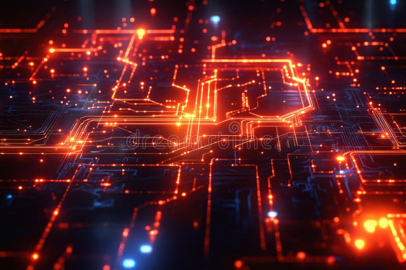 Futuristic Tech Network Design. Electronic Grid with Orange Lights ...