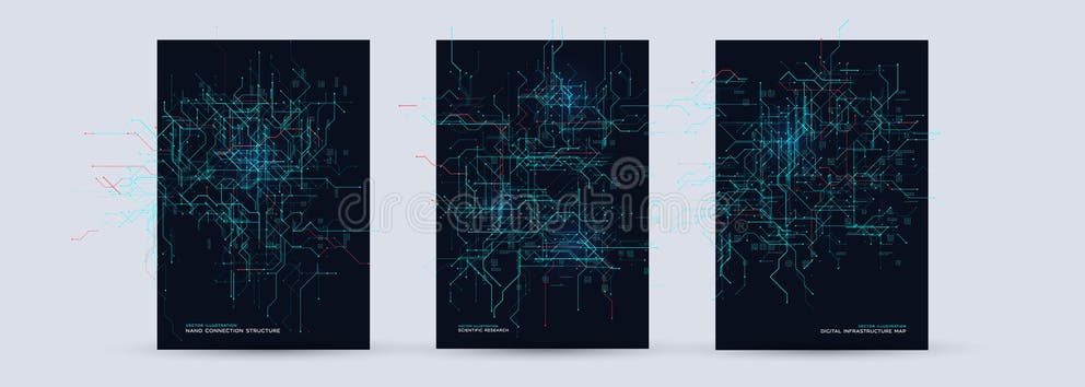 Futuristic Tech Network Posters Set. Abstract Neural Map, Cyber Grid ...