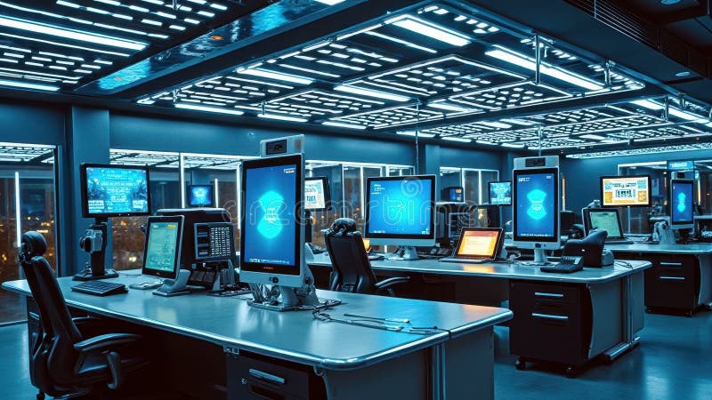 Futuristic Tech Office with Advanced Computer Workstations in Dim ...